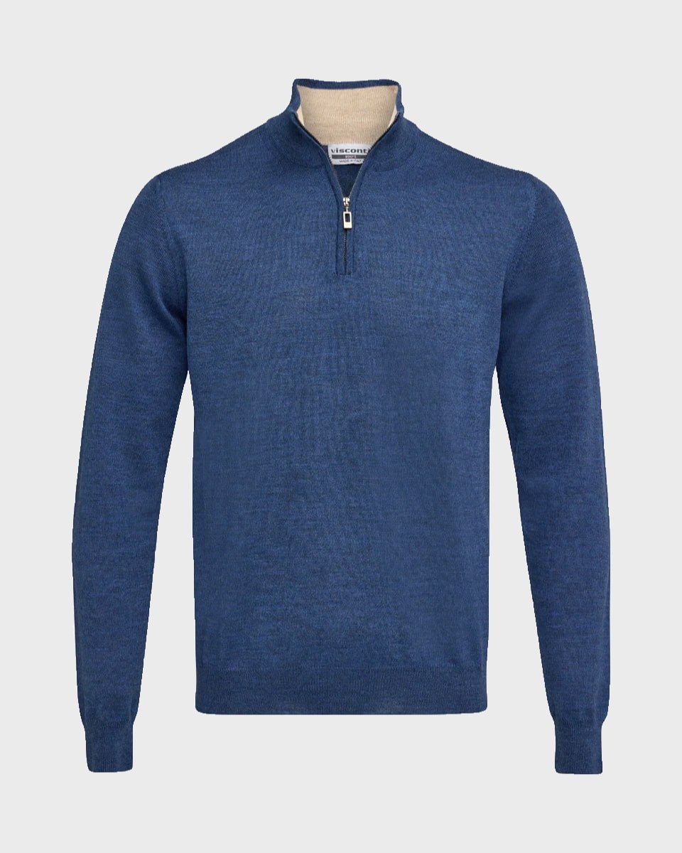 Blue Merino Wool Mock Zip - Men's Knitwear at Menzclub